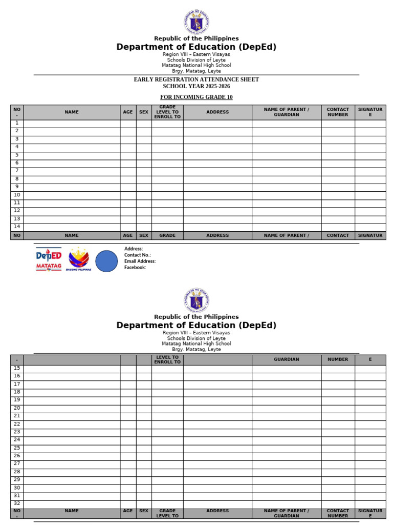 Early Registration Form 2025-2026 | PDF