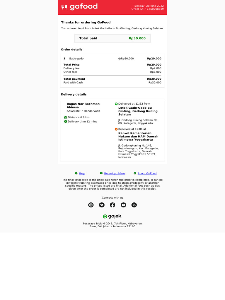 Thanks For Ordering Gofood: Order Details | PDF