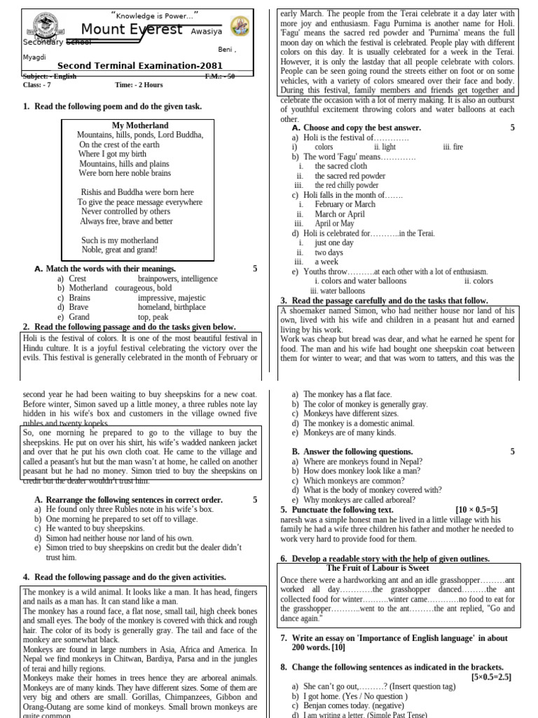Class 7 English Second Term | PDF