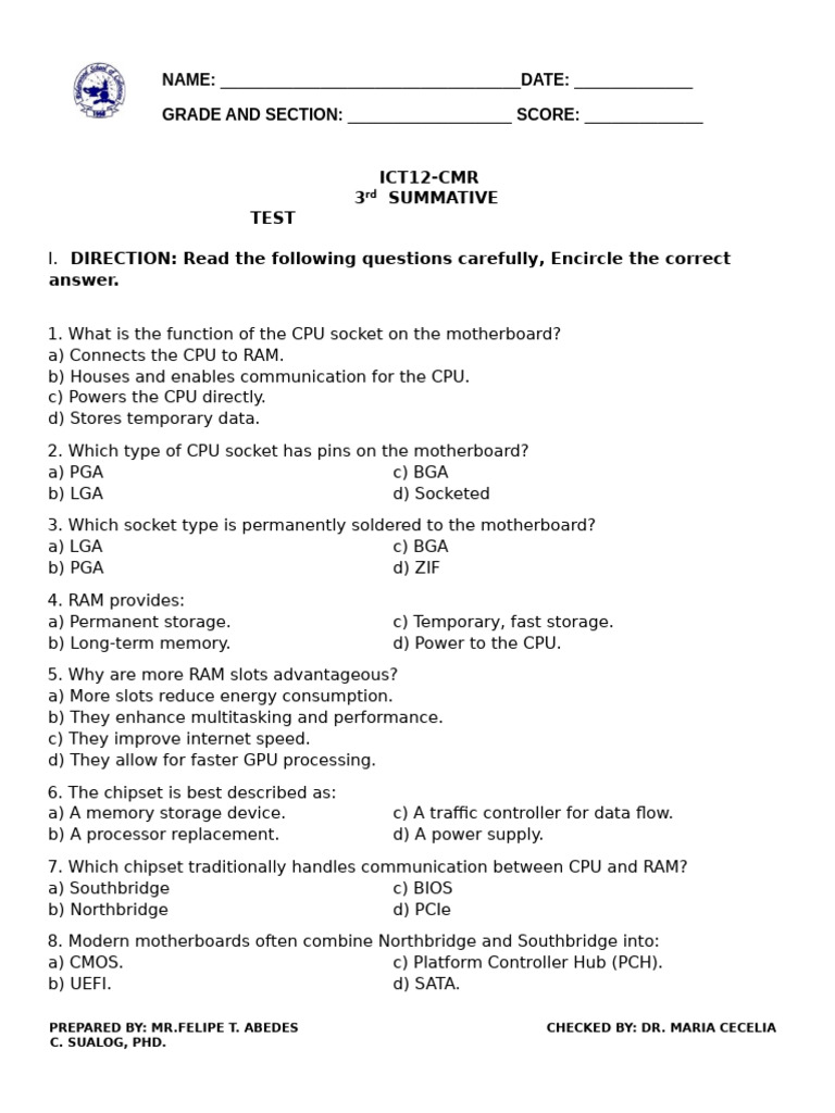 4th Monthly Exam - Ict12 CMR T.felip | PDF | Solid State Drive | Computer Hardware