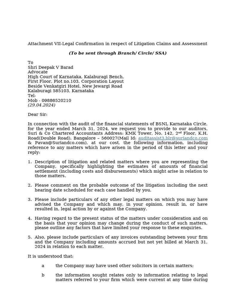 Deepak V Barad ANNEXURE-2 - Legal Confirmation in Respect of Litigation Claims and Assessment ...