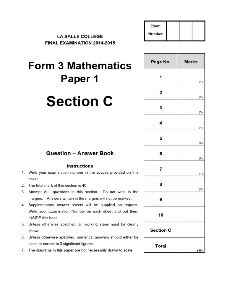 LaSalleCollege F3 Maths Final Exam Paper 1 Section C 2014 15 | PDF | Area | Sphere