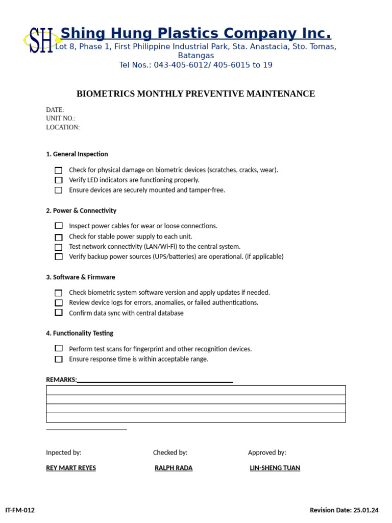 Biometric Maintenance Report for SHPC | PDF