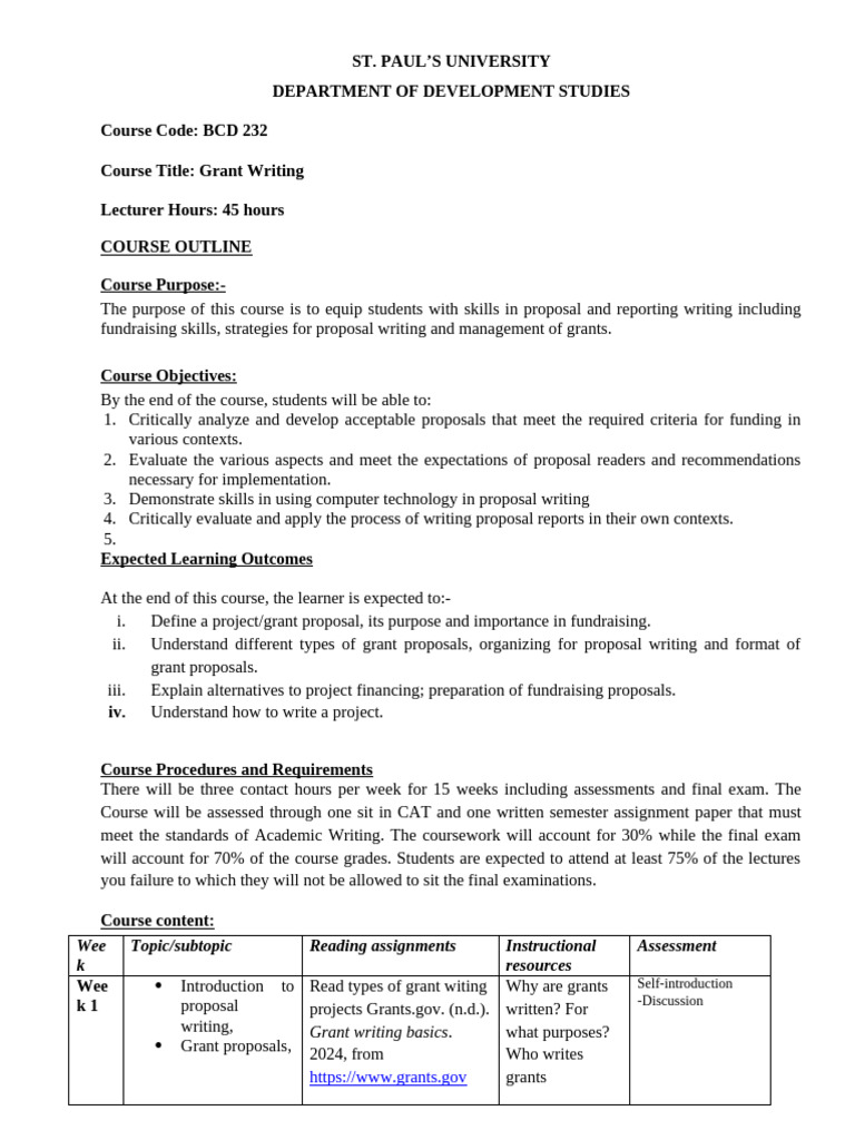Grant Writing Course Outline at St. Paul’s University | PDF ...