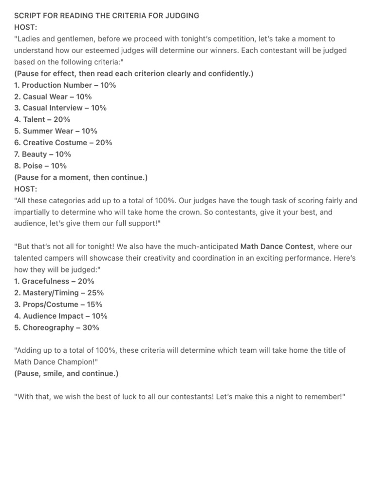 Judging Criteria for Pageant and Dance | PDF