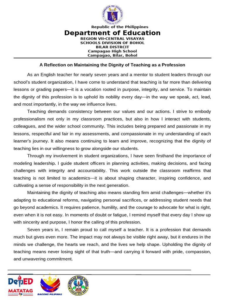 Upholding Teaching's Dignity: A Reflection | PDF | Teachers | Cognition
