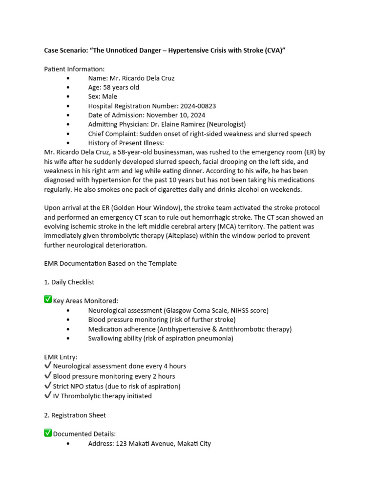 Case Scenario For EMR Documentation Patient 2 | PDF | Stroke | Hypertension