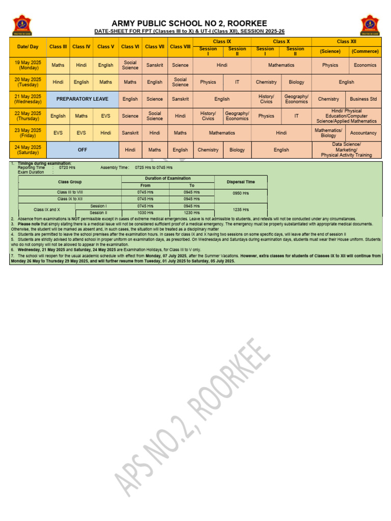 Date Sheet FPT (Class III To X) & UT-I (Class XII) 2025-26 | PDF