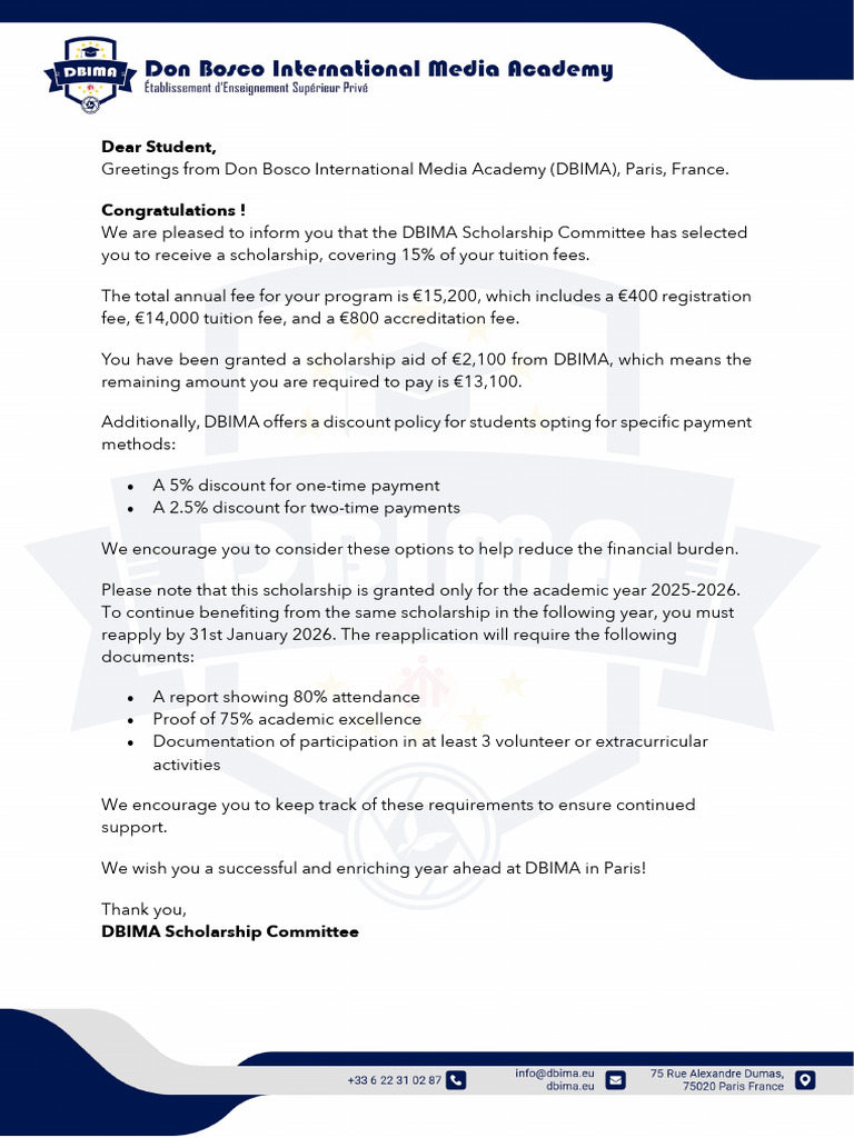 DBIMA Scholarship Award Notification | PDF