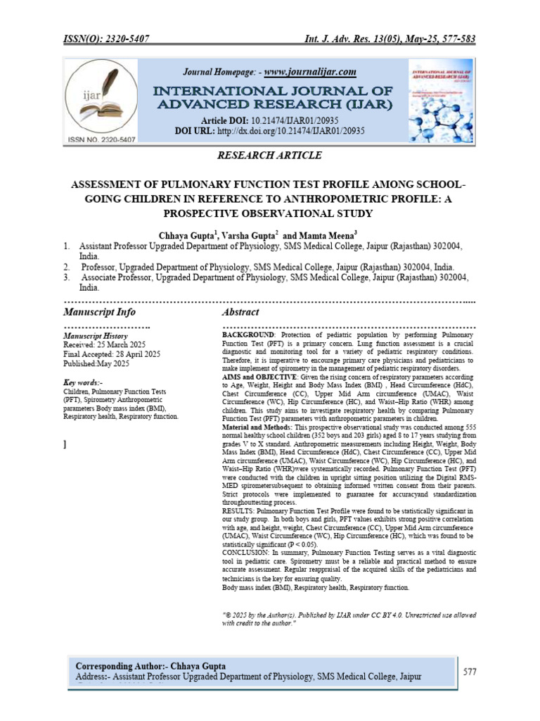 Assessment of Pulmonary Function Test Profile Among School - Going ...