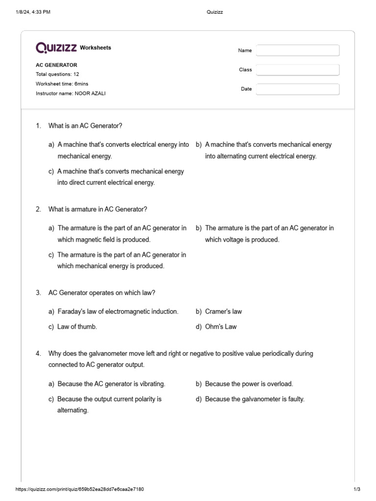 AC Generator Quiz Questions | PDF | Electric Generator ...