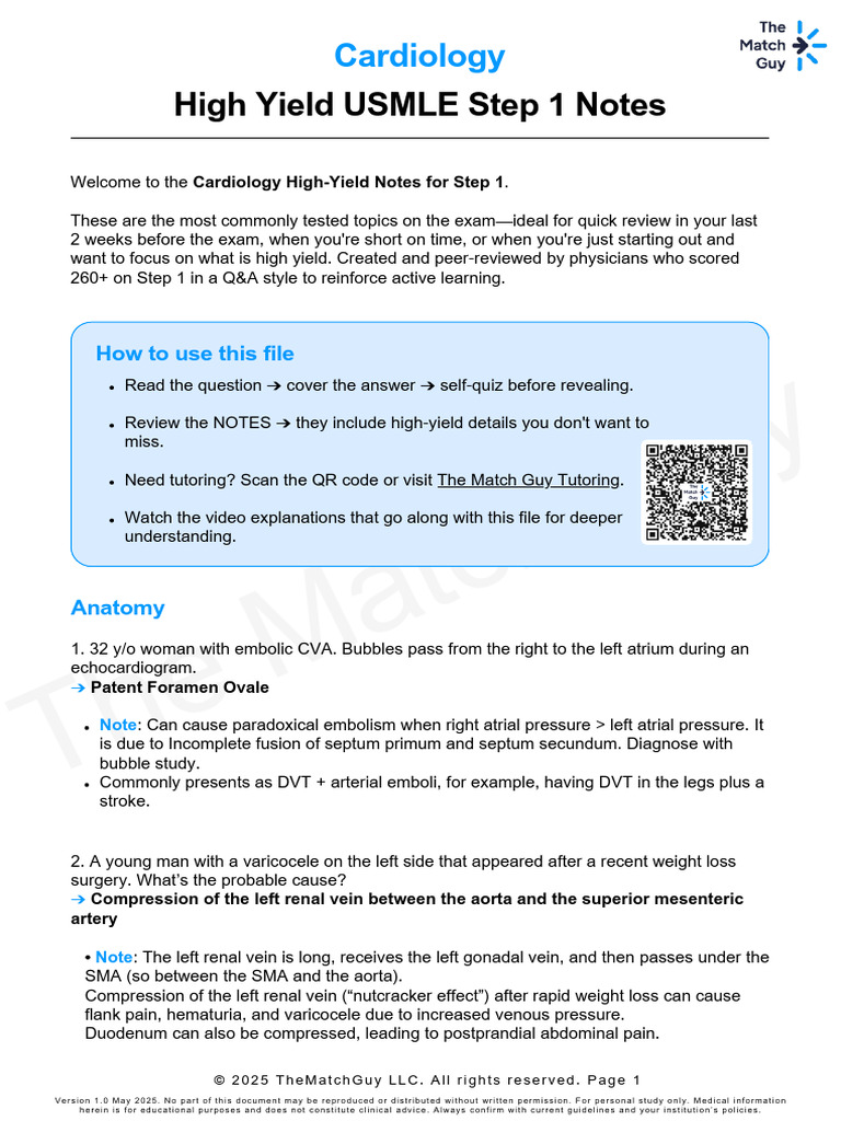 Cardiology High Yield USMLE Step 1 Notes | PDF | Heart Failure | Heart