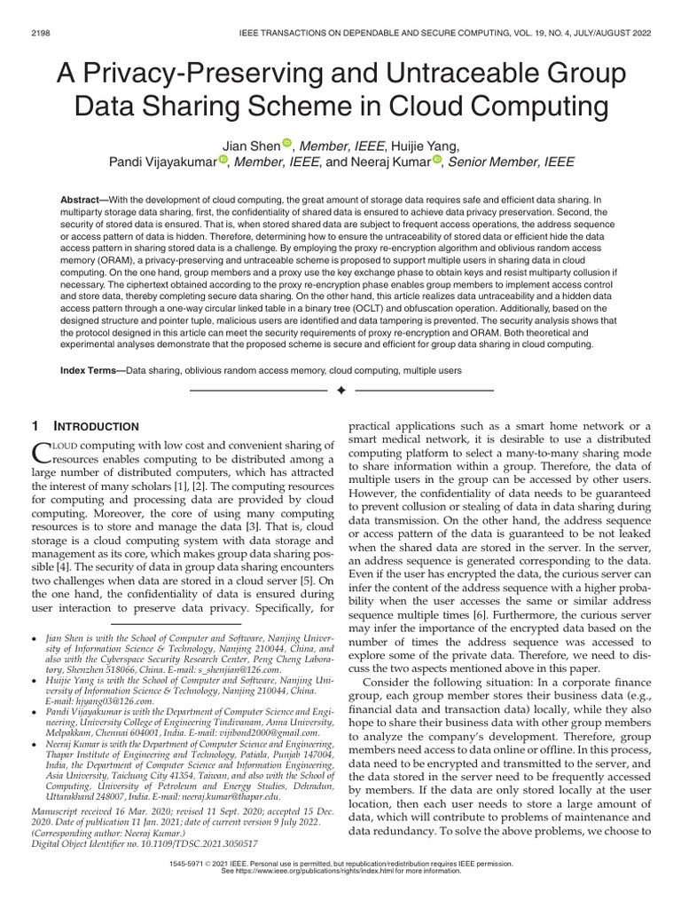 A Privacy-Preserving and Untraceable Group Data Sharing Scheme in Cloud Computing | PDF | Proxy ...