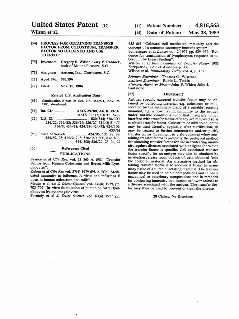 US4816563 USA Patent Extraccion Factores Tranferencia Calostro | PDF ...