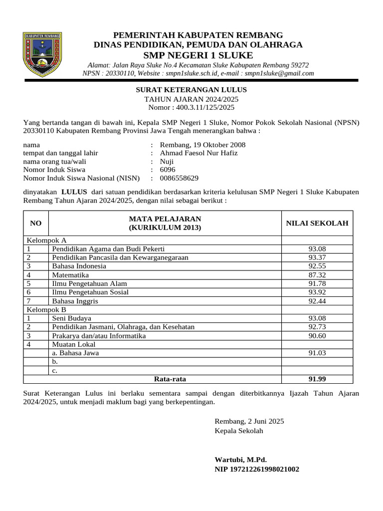 Surat Keterangan Lulus SMP 2025 | PDF
