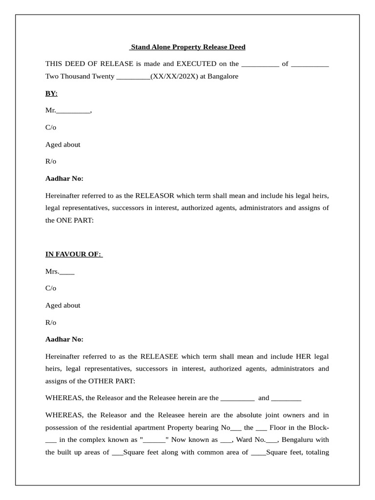 Stand Alone Property Release Deed | PDF | Apartment | Property