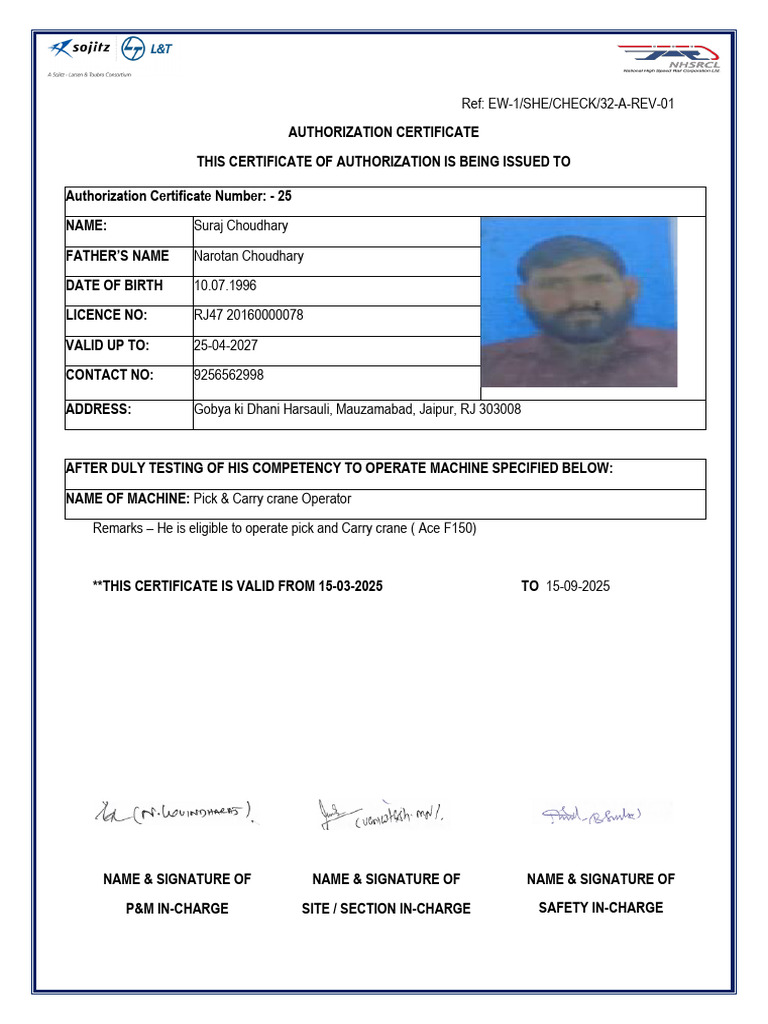 Competency Certificate - Pick and Carry Crane | PDF | Driver's License | Road Transport