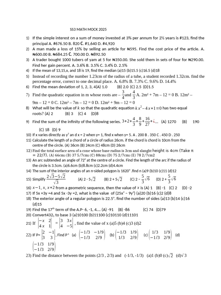 SS3 Math Mock Exam Questions 2025 | PDF | Circle | Elementary Geometry