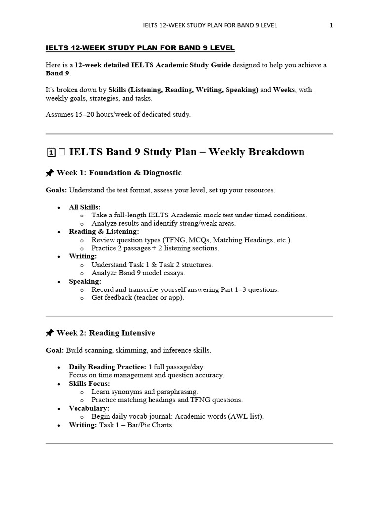 Ielts 12-Week Study Plan For Band 9 Level | PDF | International English ...