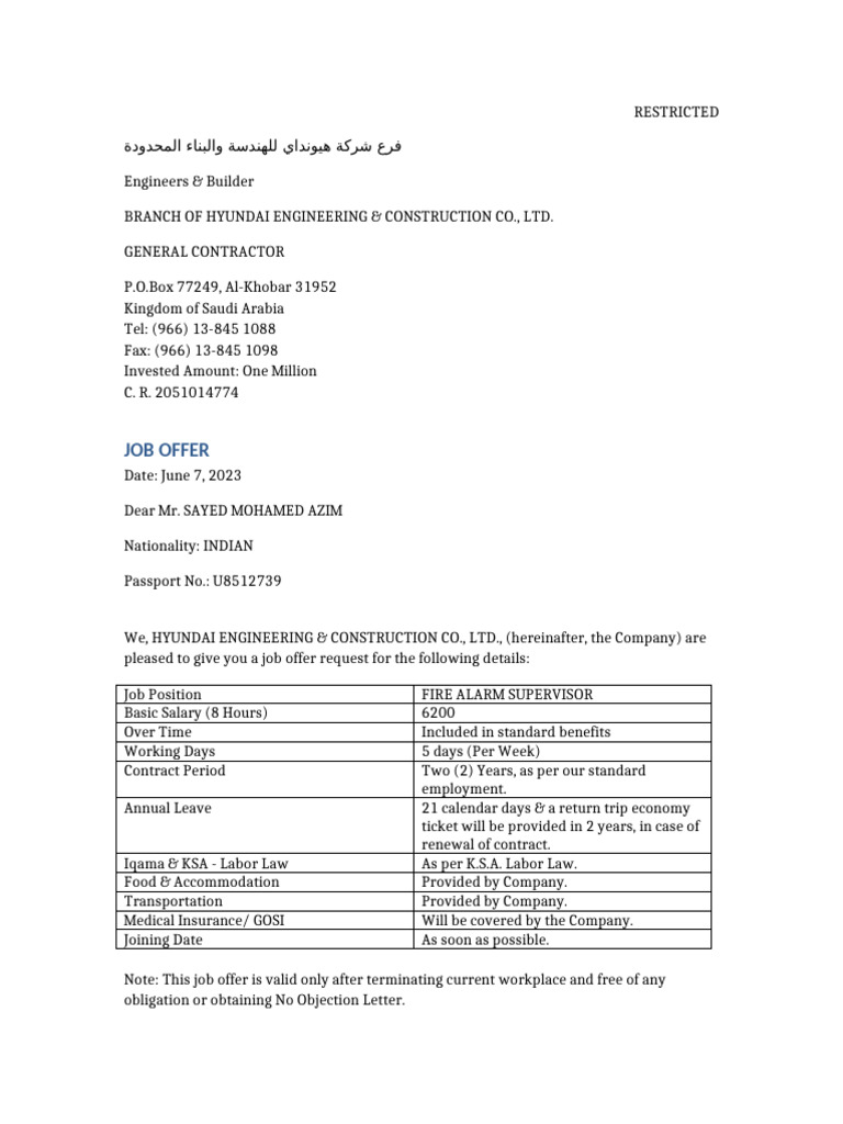 Job Offer Sayed Mohamed Azim Hyundai | PDF