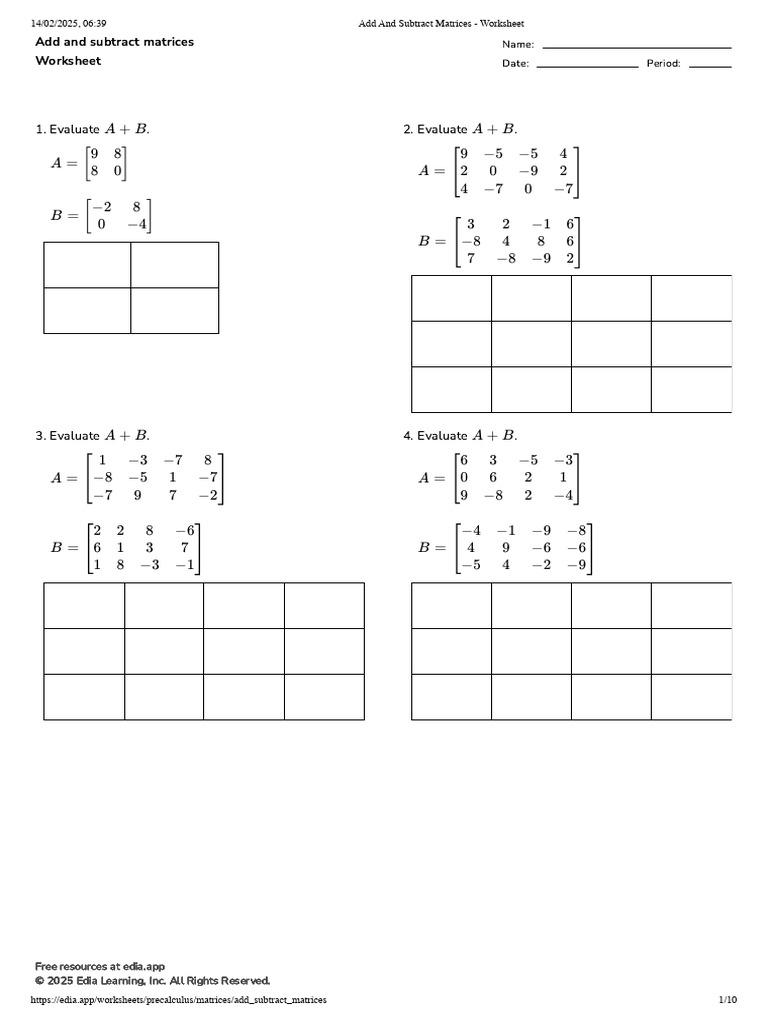 Add and Subtract Matrices - Worksheet | PDF
