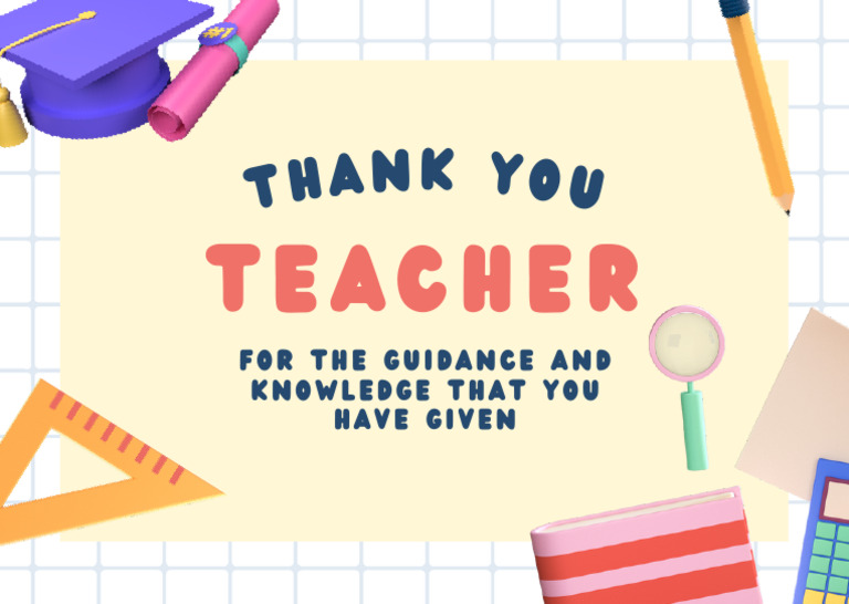 Colorful 3D Ilustrated Grid Teacher Thank You Card | PDF