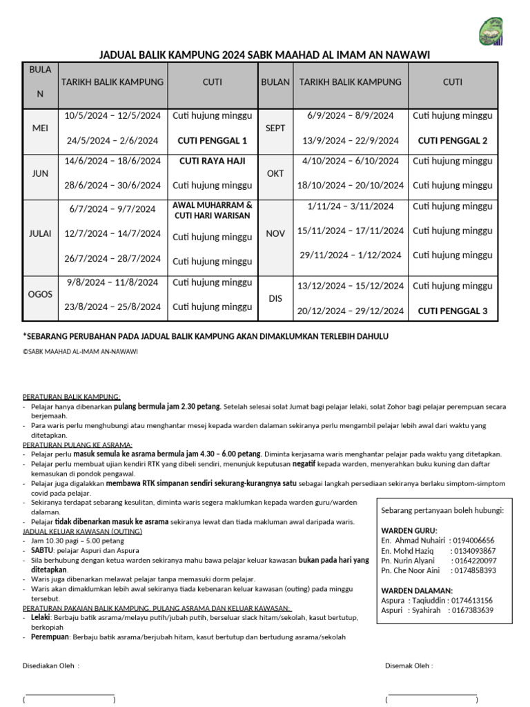 Jadual Balik Kampung 2024 | PDF