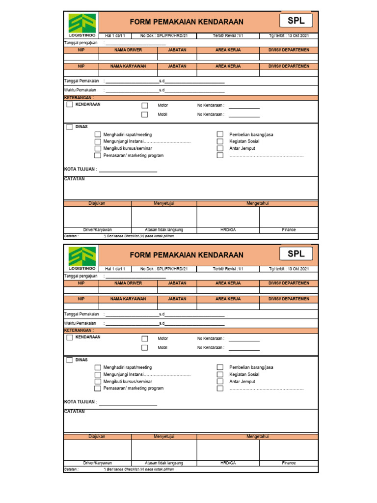 Form Pemakaian Kendaraan Dinas | PDF