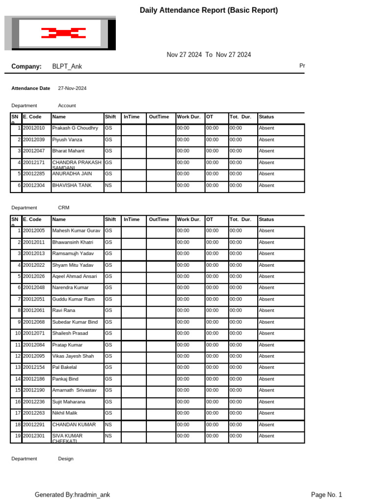 Daily Attendance Report | PDF
