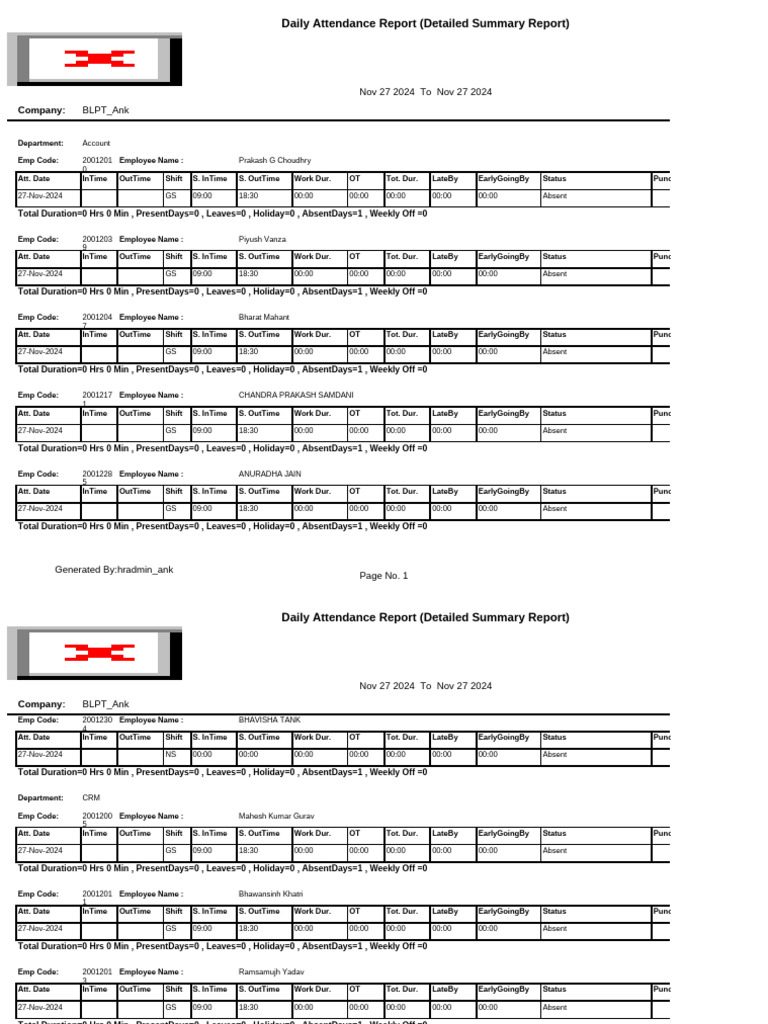 Daily Attendance Report | PDF