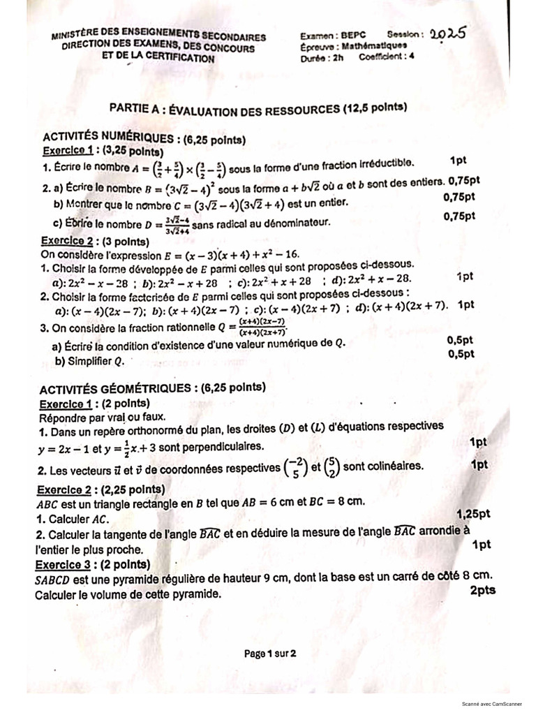 Maths Bepc 2025 | PDF