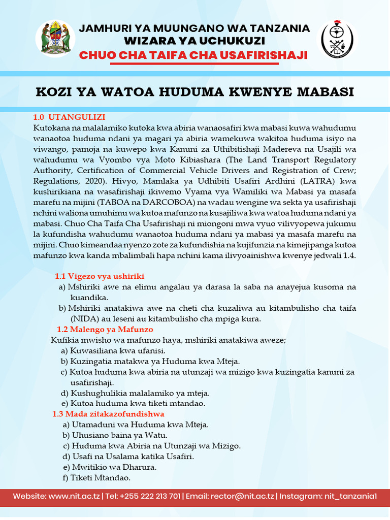 Kozi Ya Watoa Huduma Kwenye Mabasi: 1.0 Utangulizi | PDF