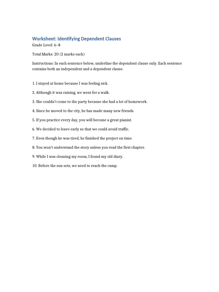 Dependent Clauses and Punctuation Worksheet | PDF