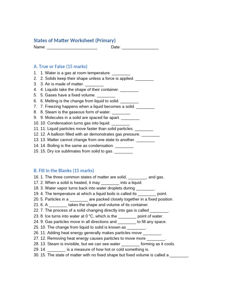 States of Matter Worksheet for Kids | PDF | Liquids | Gases