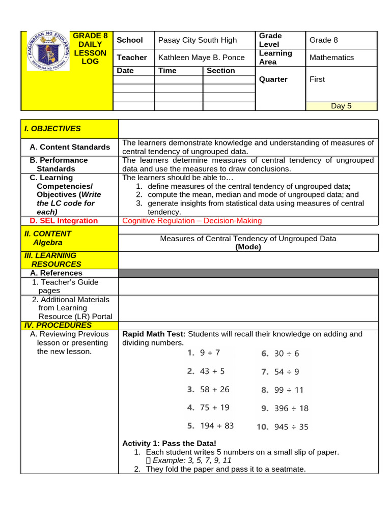 Grade 8 Math Lesson on Central Tendency | PDF | Mode (Statistics ...