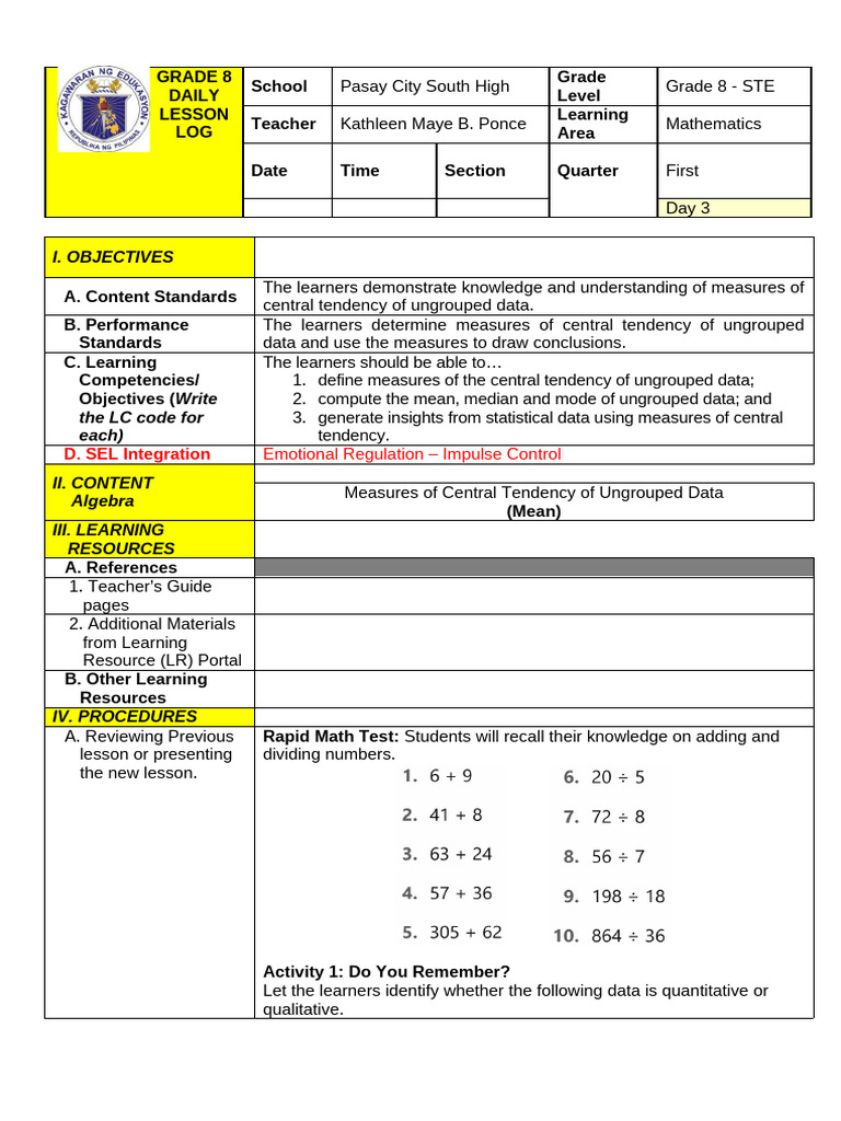SDLP Q1 W1 D3STE Central Tendency Mean | PDF | Mean | Summation