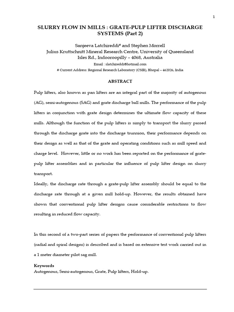 Slurry Flow in Mills Grate-Pulp Lifter Discharge Systems (Part 2) | PDF ...