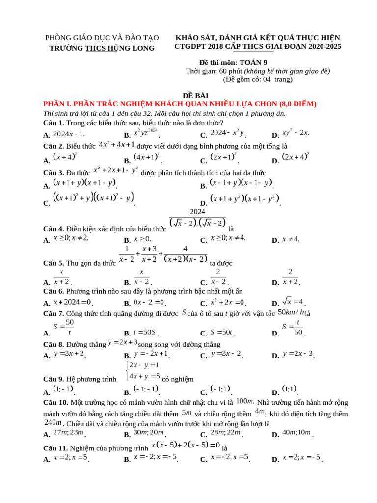 Đề Ks Toán 9 - Đề Trường Ol2 | PDF