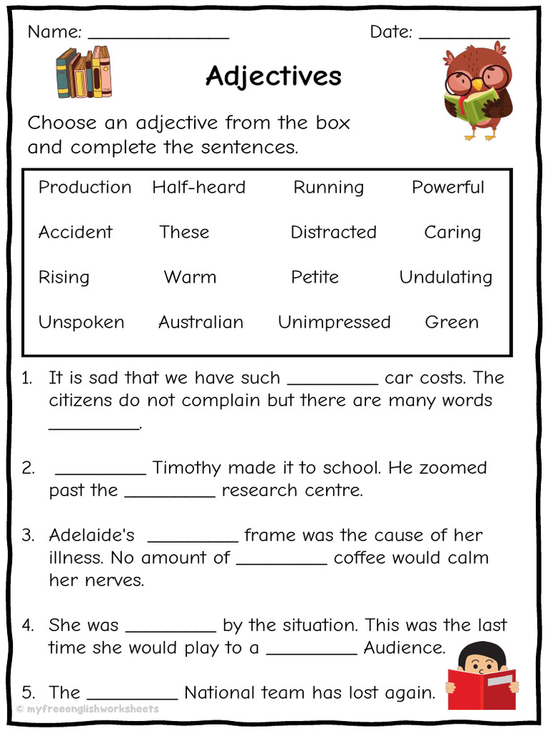 Adjectives Worksheet 9 Hard Choose An Adjective | PDF