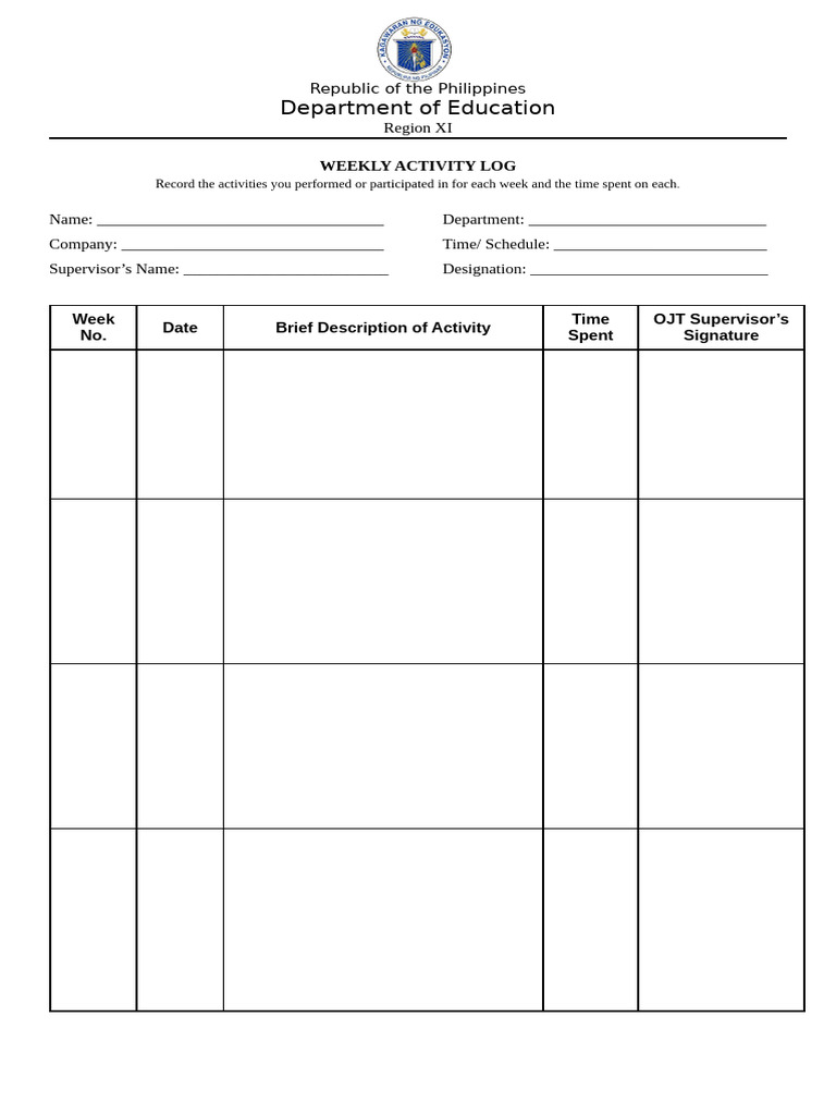 Weekly Activity Log Template | PDF