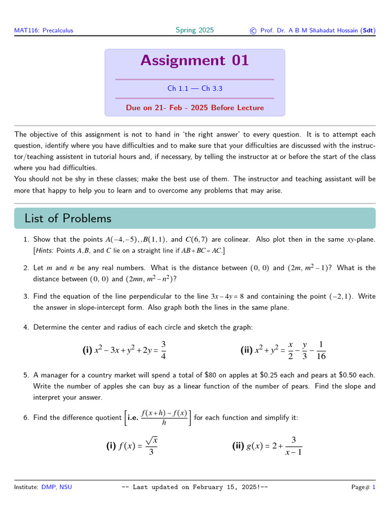 MAT116 Assignment 01 Spring2025 | PDF | Mathematics | Mathematical Concepts