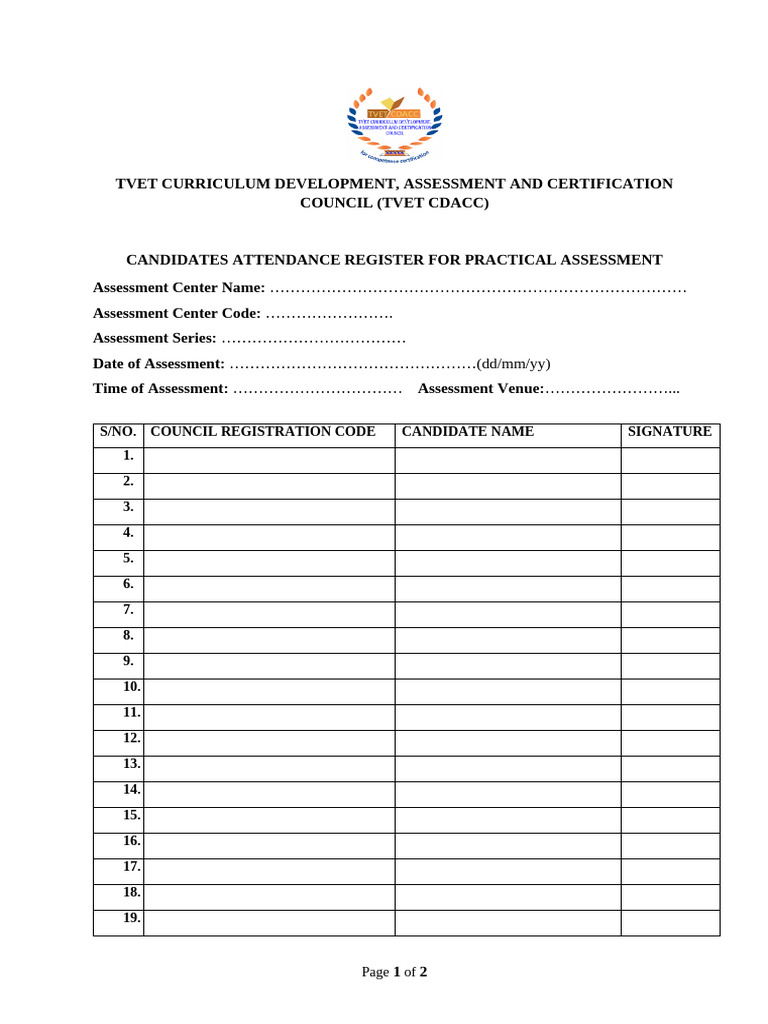 TVET Practical Assessment Attendance Register | PDF