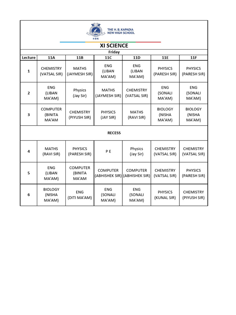 XI Science Student Timetable | PDF