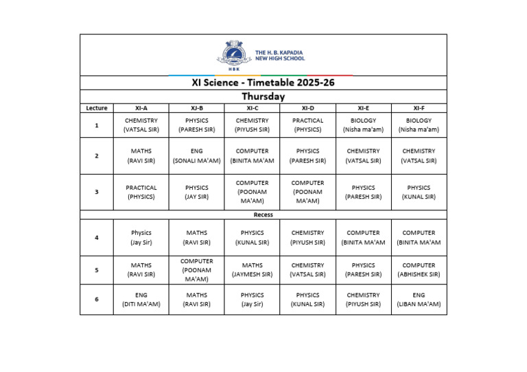 Xi Sci Class Timetable (2025-26) | PDF