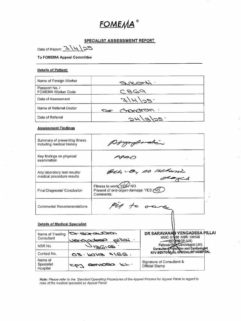 FOMEMA Specialist Assessment Report - Sukarti | PDF