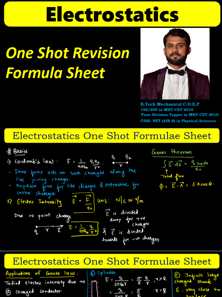 Electrostatics One Shot Formulae Sheet | PDF
