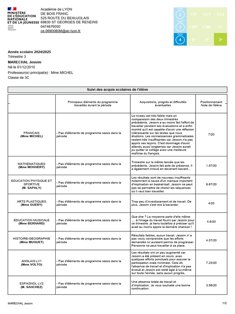 Suivi scolaire de Jessim en 3C - T3 2025 | PDF