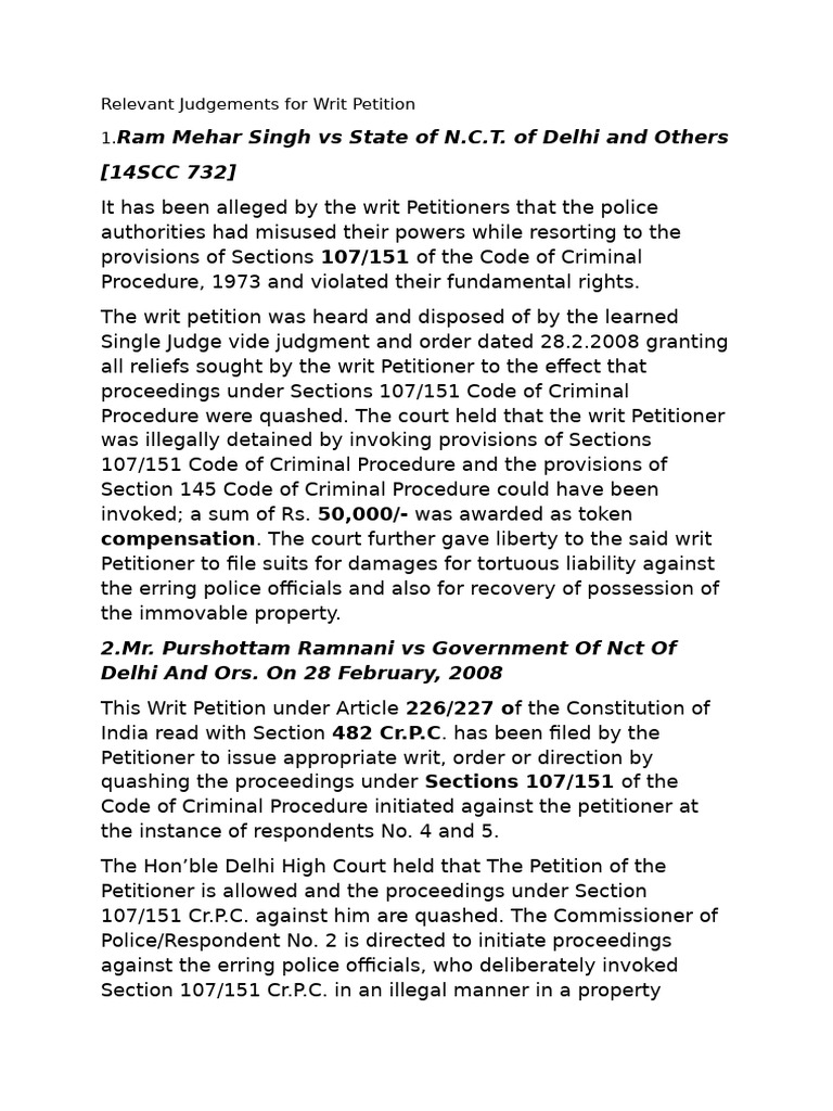 Relevant Judgements To Sec 151 CRPC | PDF | Writ | Criminal Procedure ...