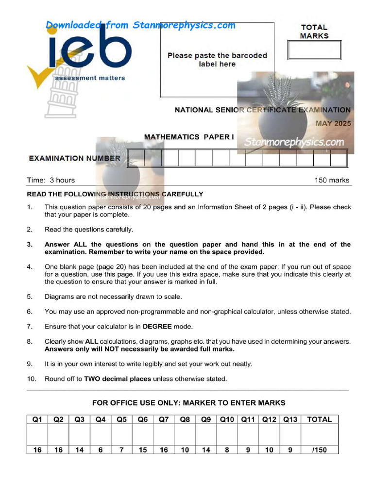 IEB Maths Grade 12 May June 2025 P1 Only | PDF