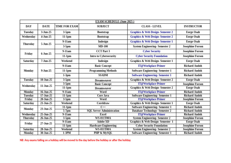 June 2025 Exam Schedule Overview | PDF | Academic Term | Data Management